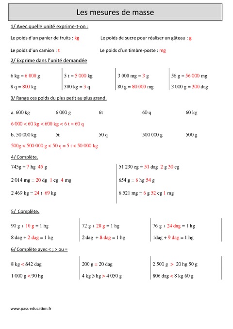 Mesures de masse – Cm1 – Exercices corrigés – Mesures – Mathématiques ...