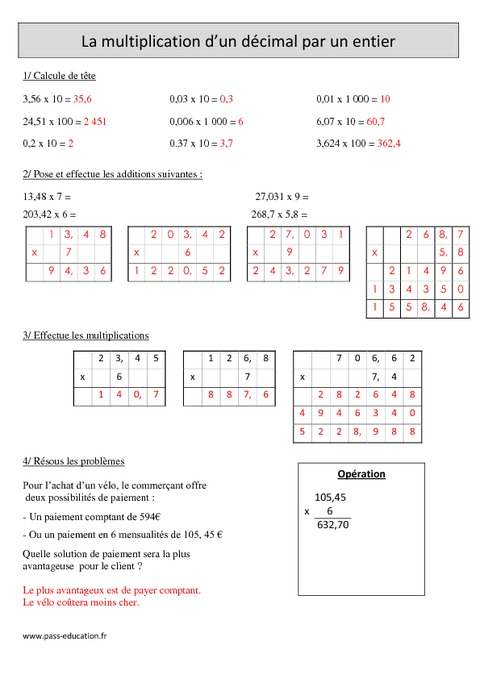 Multiplication d'un décimal par un nombre entier – Cm1 – Exercices ...