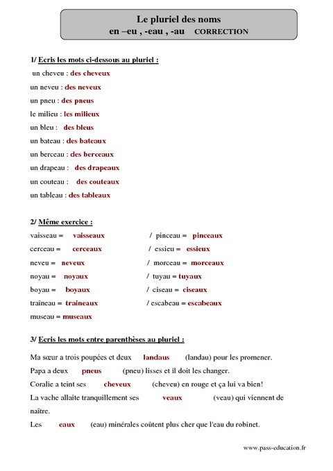 Pluriel des noms en –eu , -eau , -au – Cm2 – Exercices corrigés ...