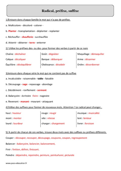 Radical, préfixe, suffixe - Cm2 - Exercices corrigés - Vocabulaire ...