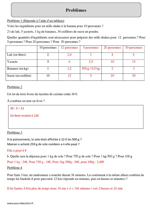 Situation de proportionnalité – Problèmes – Cm2 – Exercices corrigés ...