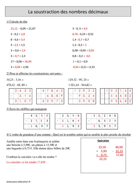 Soustraction des nombres décimaux – Cm1 – Exercices corrigés – Calcul ...