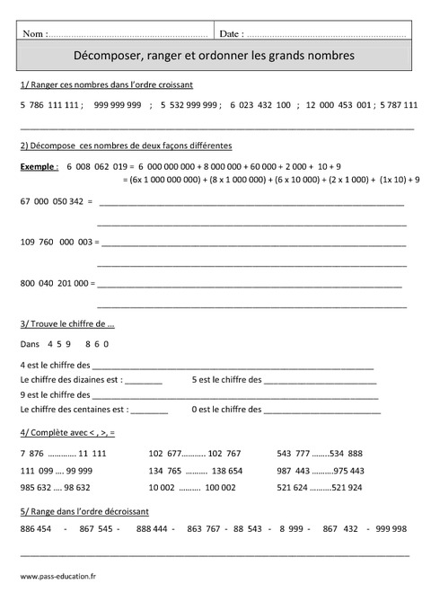 Décomposer, ranger et ordonner les grands nombres – Cm1 – Exercices ...