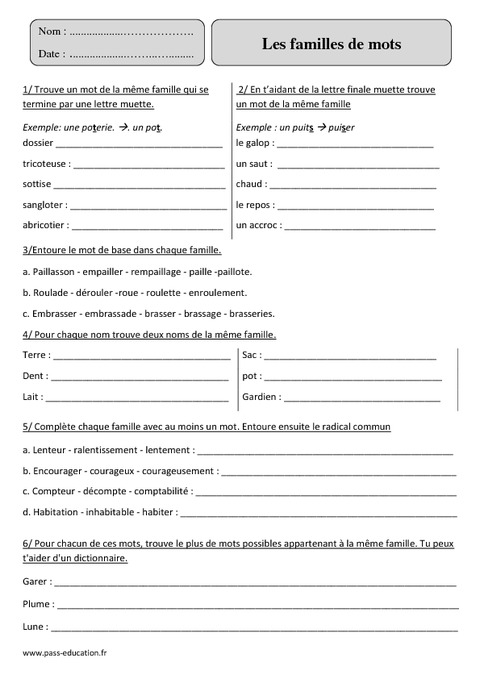 Familles de mots – Cm2 – Exercices corrigés – Vocabulaire – Cycle 3 ...