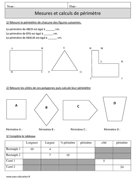 Périmètres – Mesures et calculs - Cm1 – Exercices – Mathématiques ...
