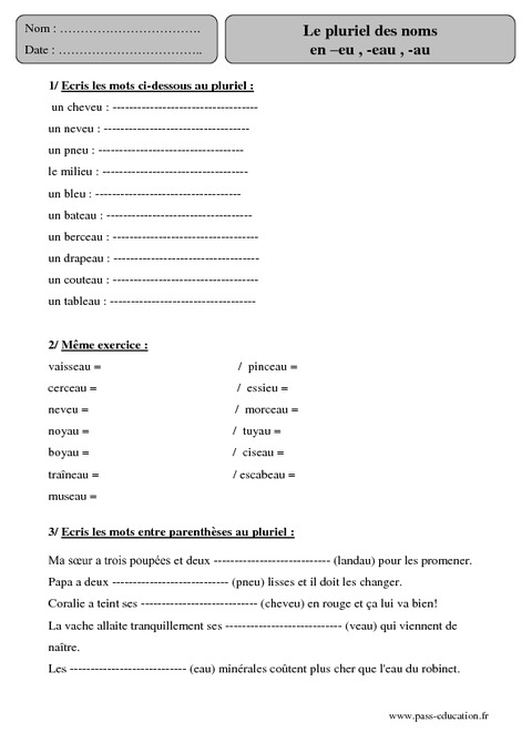 Pluriel des noms en –eu , -eau , -au – Cm2 – Exercices corrigés ...