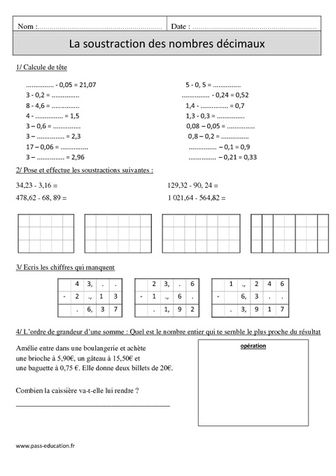 Soustraction des nombres décimaux – Cm1 – Exercices corrigés – Calcul ...