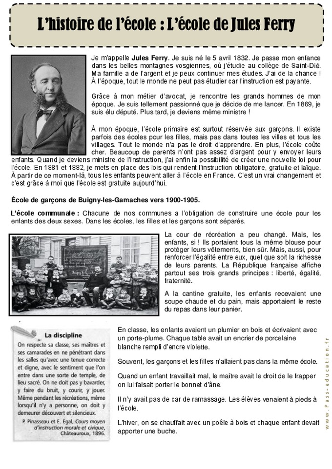 L'histoire de l'école - l'école de Jules Ferry - CP - Ce1 - Lecture de ...
