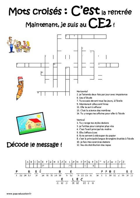 Rentrée - Mots croisés - CE2 - Jeux éducatifs - Cycle 3 - Pass Education