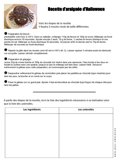 Recette de gâteau araignée – Halloween – Texte prescriptif – Ce2 – Cm1 ...