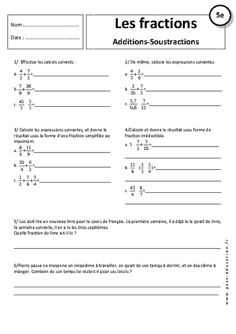 Additions - Soustractions – Fraction – Exercices corrigés – 5ème - Pass ...