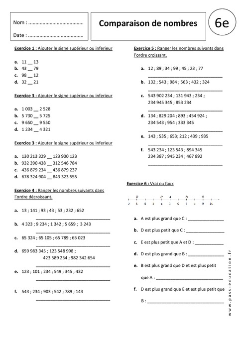 Comparaison de nombres - Exercices corrigés - 6ème - Nombres entiers ...