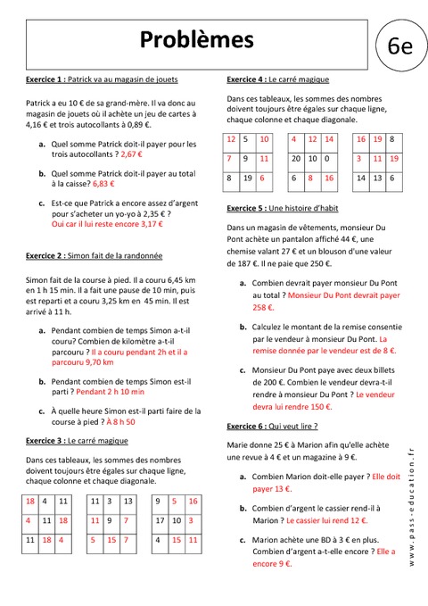 Additions – Soustractions – Problèmes - 6ème - Exercices corrigés ...