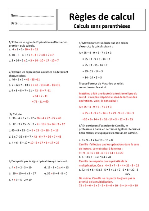 Calculs sans parenthèses – Exercices corrigés – 5ème – Règles de calcul ... Calculs sans parenthèses – Exercices corrigés – 5ème – Règles de calcul ...