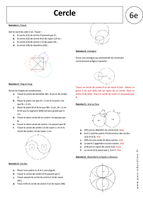 Cercle - Exercices corrigés - 6ème - Géométrie - Pass Education