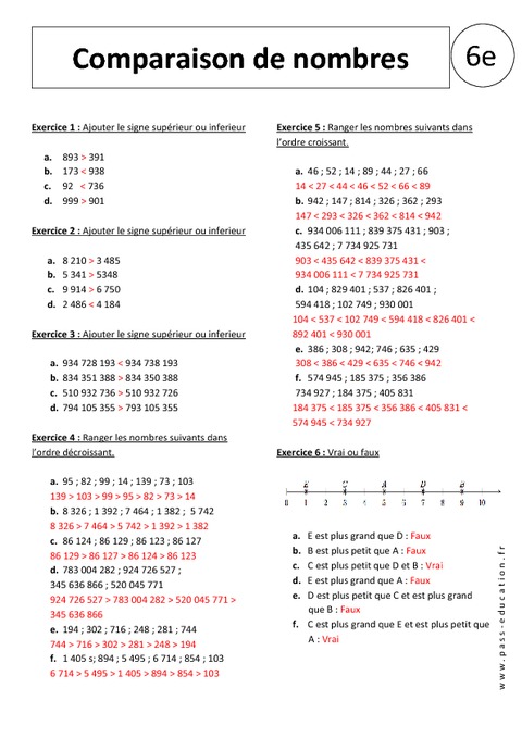Comparaison de nombres - 6ème - Exercices corrigés - Nombres entiers ...