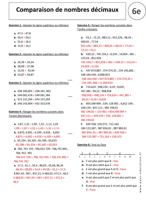 Comparaison de nombres décimaux - Exercices corrigés - 6ème - Pass ...