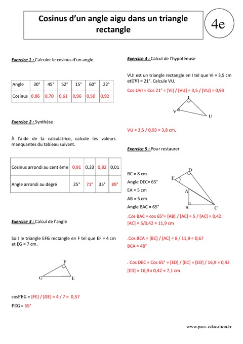 Cosinus Dun Angle Aigu Dans Un Triangle Rectangle Exercices Corrigés