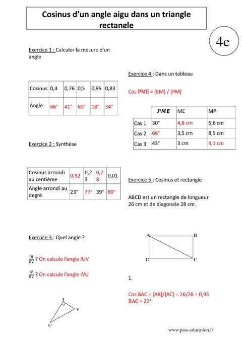 Cosinus Dun Angle Aigu Dans Un Triangle Rectangle 4ème Exercices