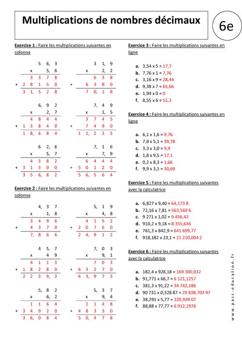 Multiplications de nombres décimaux – 6ème - Exercices corrigés - Pass ...