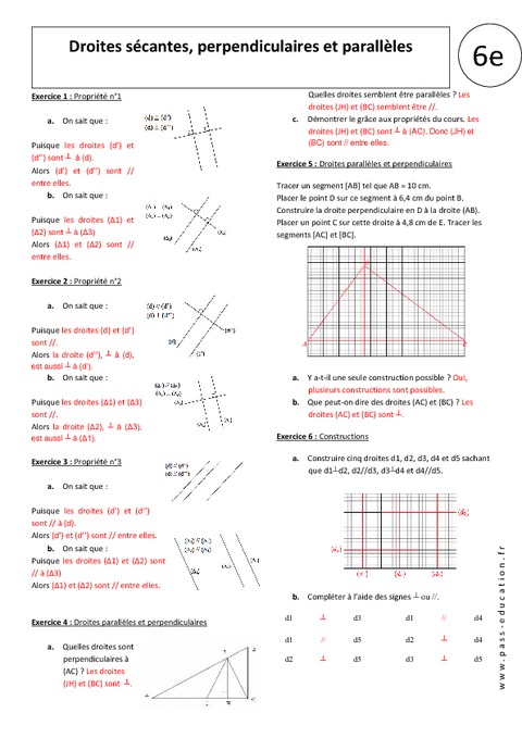 Propriétés - Droites sécantes, perpendiculaires et parallèles - 6ème ...