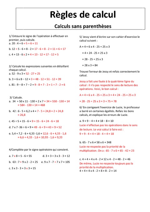 Règles de calcul sans parenthèses – 5ème – Exercices corrigés - Pass ... Règles de calcul sans parenthèses – 5ème – Exercices corrigés - Pass ...