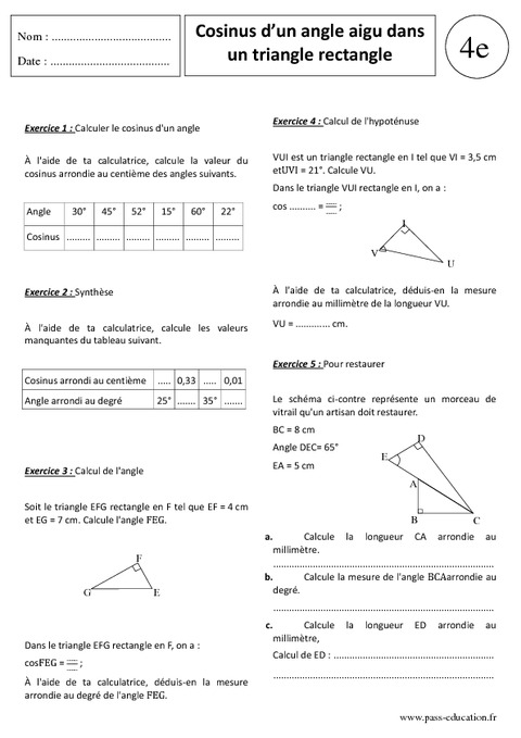 Cosinus Dun Angle Aigu Dans Un Triangle Rectangle Exercices Corrigés