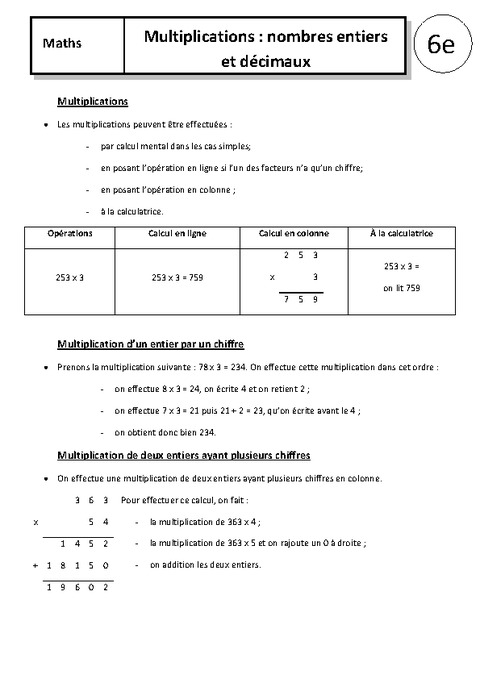 Multiplications - Nombres entiers - Décimaux - Cours - 6ème - Pass ...