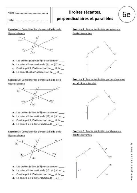 Droites sécantes, perpendiculaires et parallèles - Exercices corrigés ...