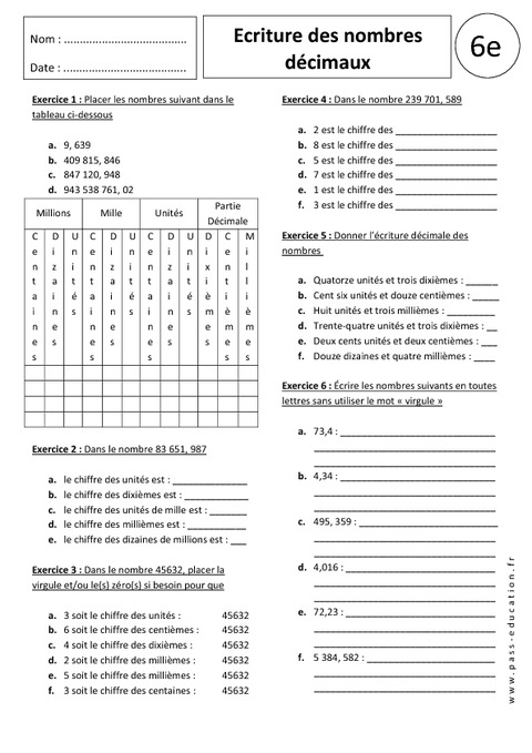Ecriture des nombres décimaux - Exercices corrigés - 6ème - Pass Education