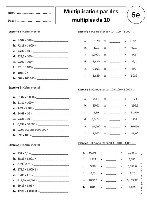 Multiplication par des multiples de 10 - 100 - 1000 – Exercices ...