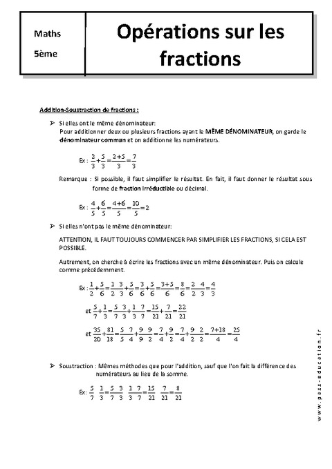 Opérations sur les fractions - 5ème - Cours - Pass Education