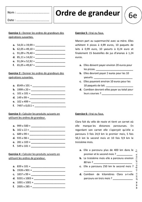 Ordre de Grandeur – Multiplication – Exercices corrigés – 6ème - Pass ...