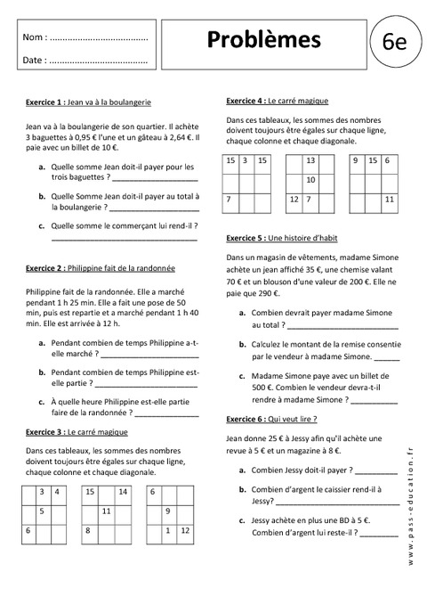 Problèmes - Additions – Soustractions – 6ème – Calculs - Pass Education