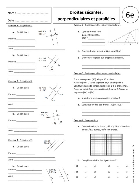 Propriétés - Droites sécantes, perpendiculaires et parallèles - 6ème ...