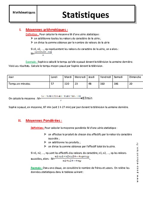 Statistiques - 4ème - Cours - Pass Education