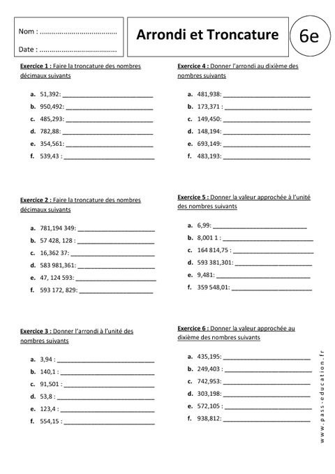 Troncature - Arrondi - 6ème - Exercices corrigés - Nombres décimaux ...