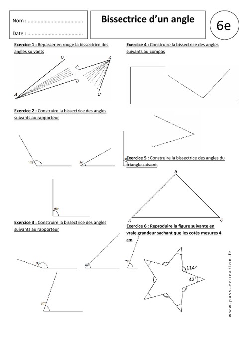 Bissectrice d'un angle - 6ème - Exercices corrigés - Angles - Pass ...