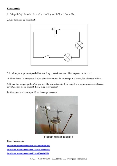 Circuit électrique – Exercices corrigés – 5ème – Physique – Chimie – Collège - Pass Education