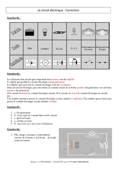 Circuit électrique – Exercices corrigés – 5ème – Physique – Chimie – Collège - Pass Education