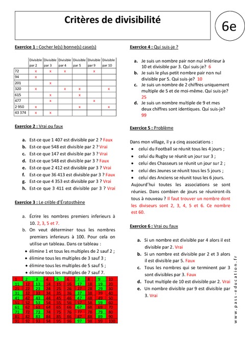 Critères de divisibilité - Exercices corrigés – 6ème - Divisions - Pass ...