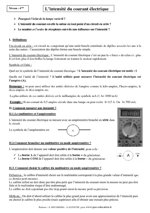 Intensité du courant électrique – Cours – 4ème – Physique – Chimie ...