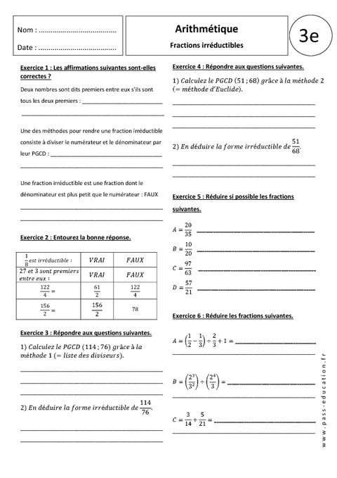 Fractions irréductibles - 3ème - Exercices corrigés - Arithmétique ...