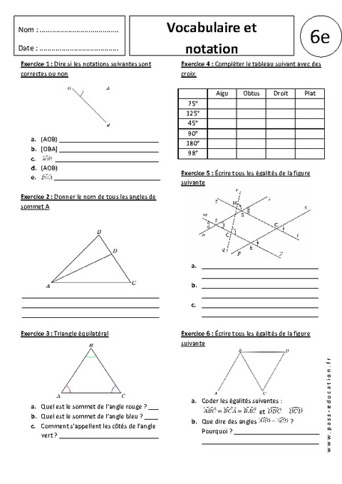Vocabulaire - Notation - Angles - 6ème - Exercices corrigés - Pass ...
