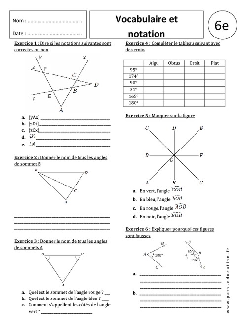 Vocabulaire - Notation - Angles - Exercices corrigés - 6ème - Pass ...