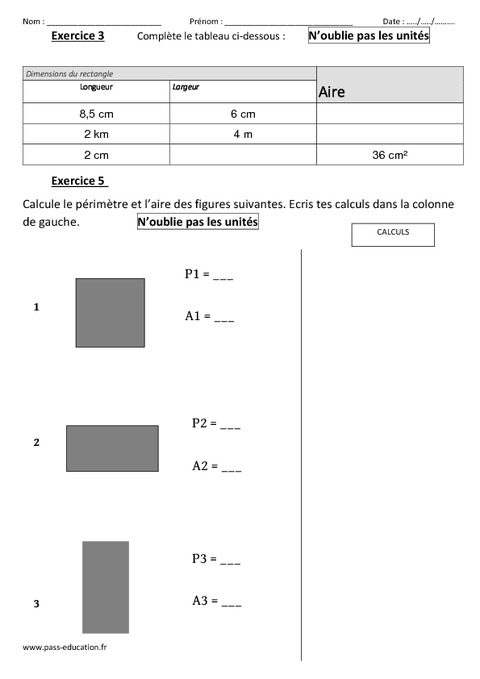 Aire - Périmètre – Cm1– Cm2 – Evaluation - Pass Education