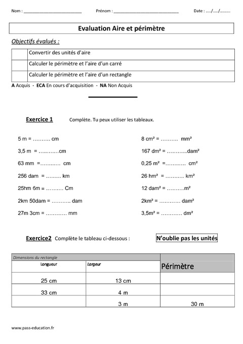 Aire - Périmètre – Cm1– Cm2 – Evaluation - Pass Education