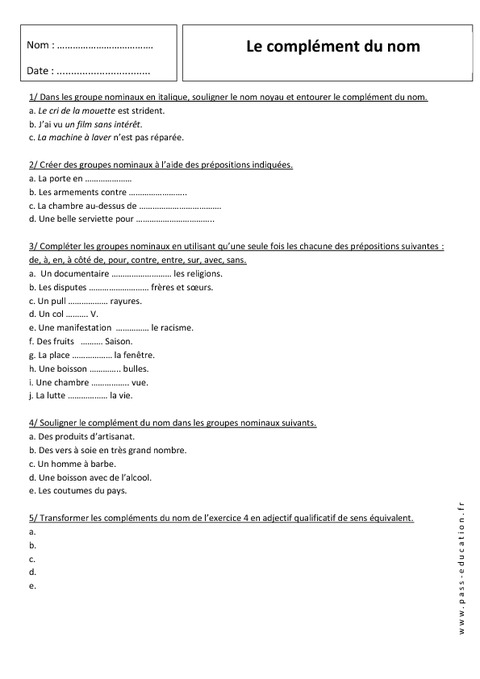 Complément du nom - Exercices corrigés – 5ème - Grammaire – Collège ...