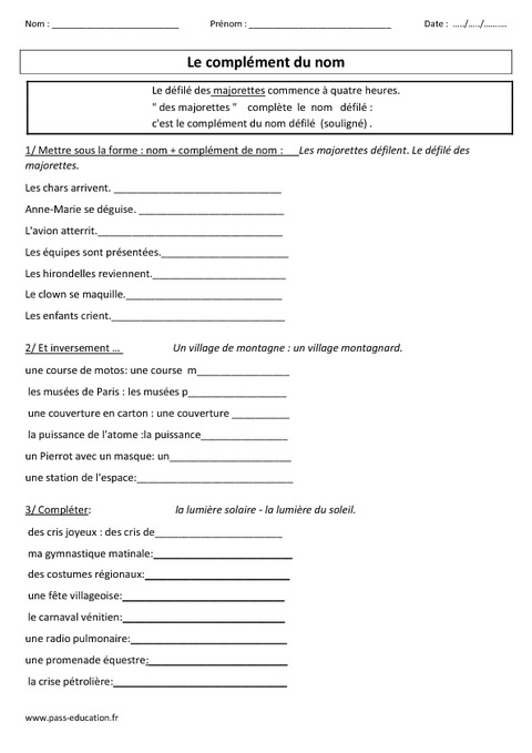 Complément du nom – Cm1 – Cm2 – Exercices corrigés – Grammaire – Cycle 3 - Pass Education