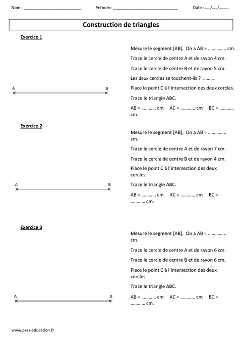 Construction de triangles – Cm1 – Cm2 – Exercices – Géométrie – Cycle 3 - Pass Education